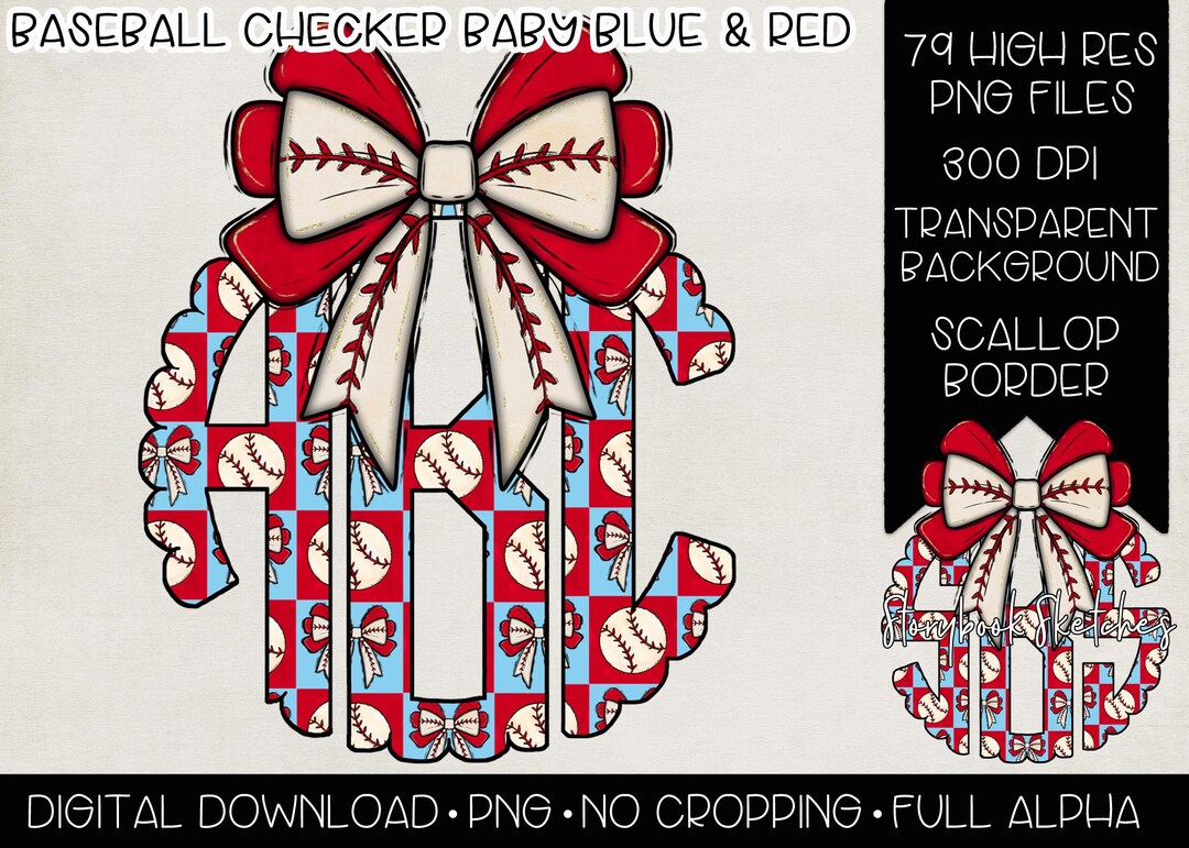 Red & Baby Blue Baseball Checker Bow Monogram PNG | Digital Download ...