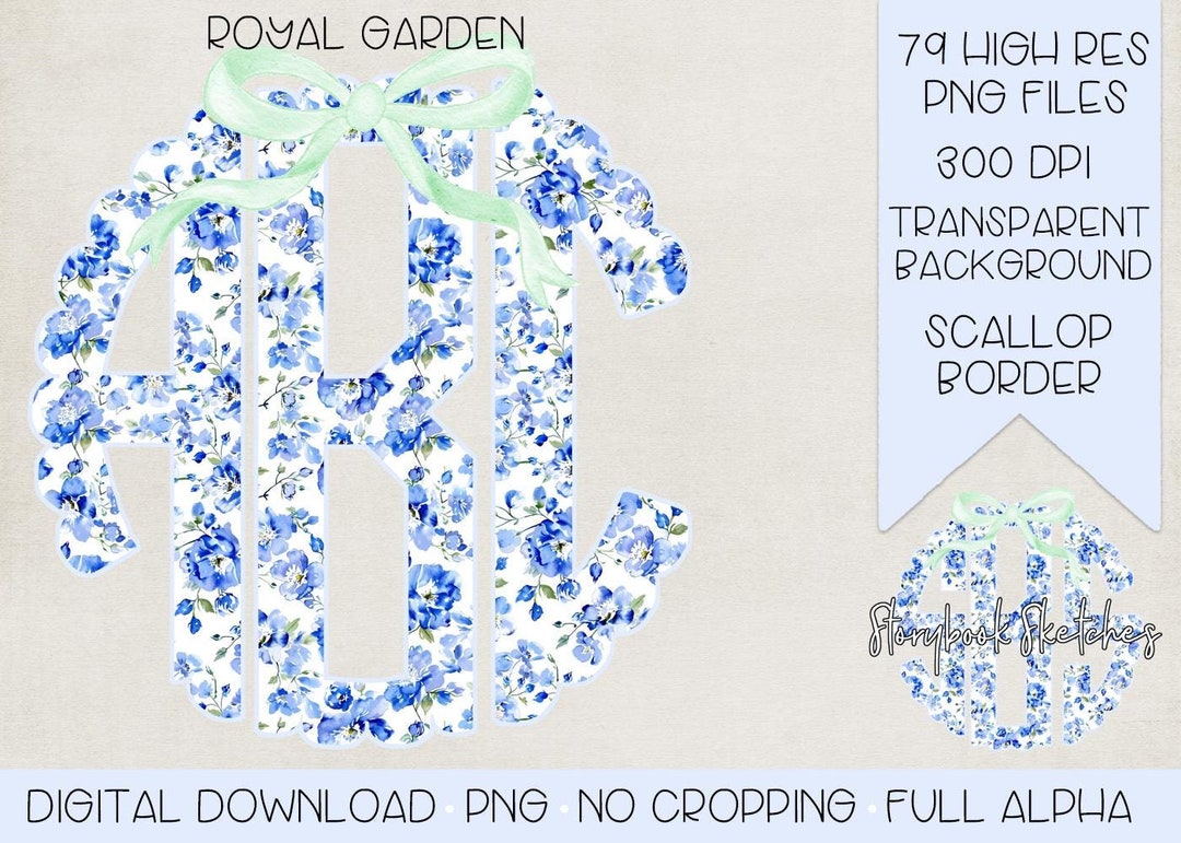 Royal Garden Monogram PNG | Digital Download | Blue White Monogram PNG ...