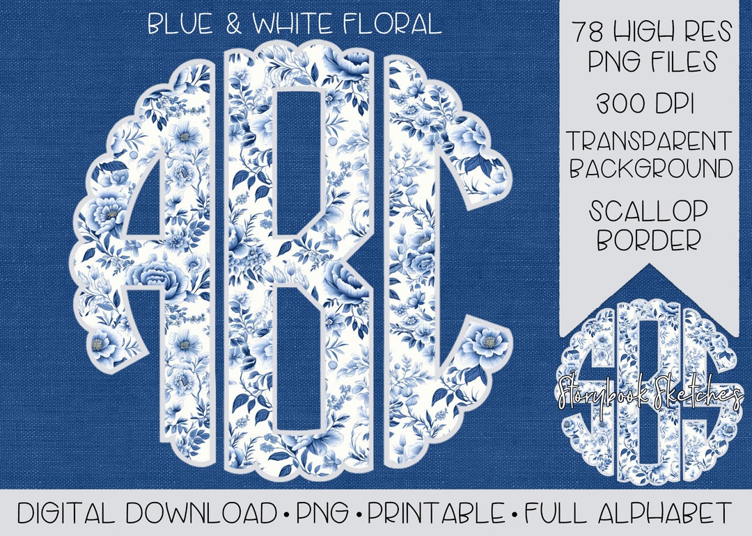 Blue and White Floral Monogram PNG | Digital Download | Full Alphabet ...