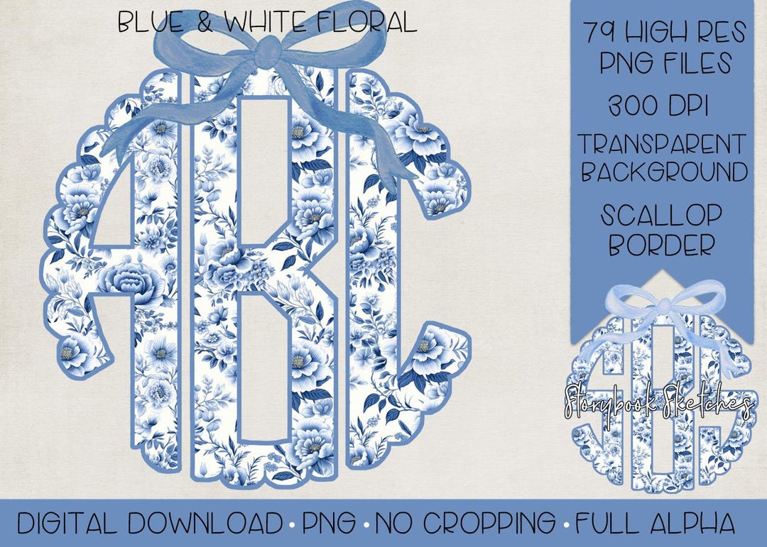 Blue and White Floral Monogram PNG | Digital Download | Full Alphabet ...