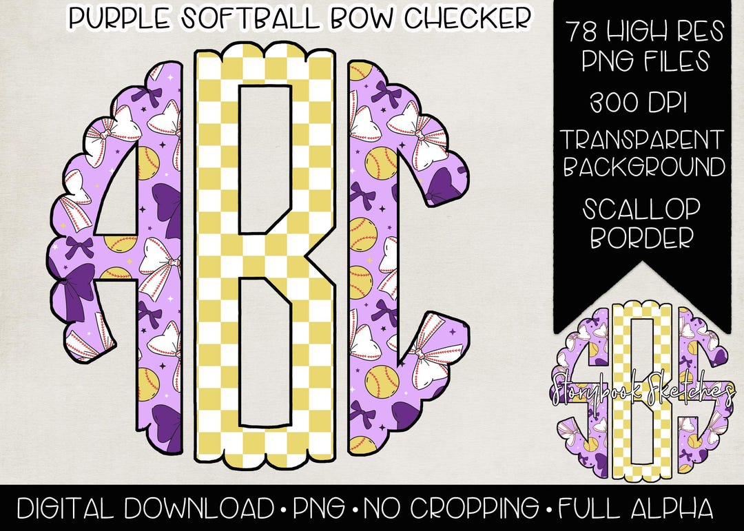 Purple Softball Bow Checker Monogram PNG | Digital Download | Softball ...