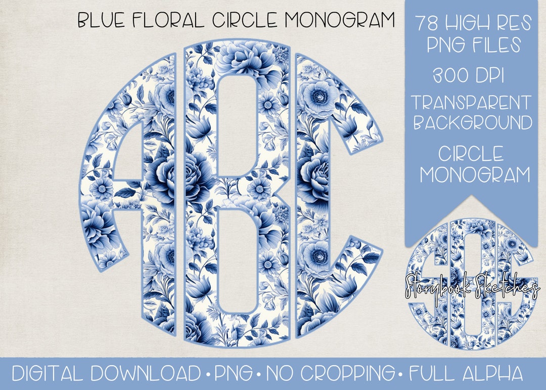 Blue and White Floral Circle Monogram PNG | Digital Download | Full ...