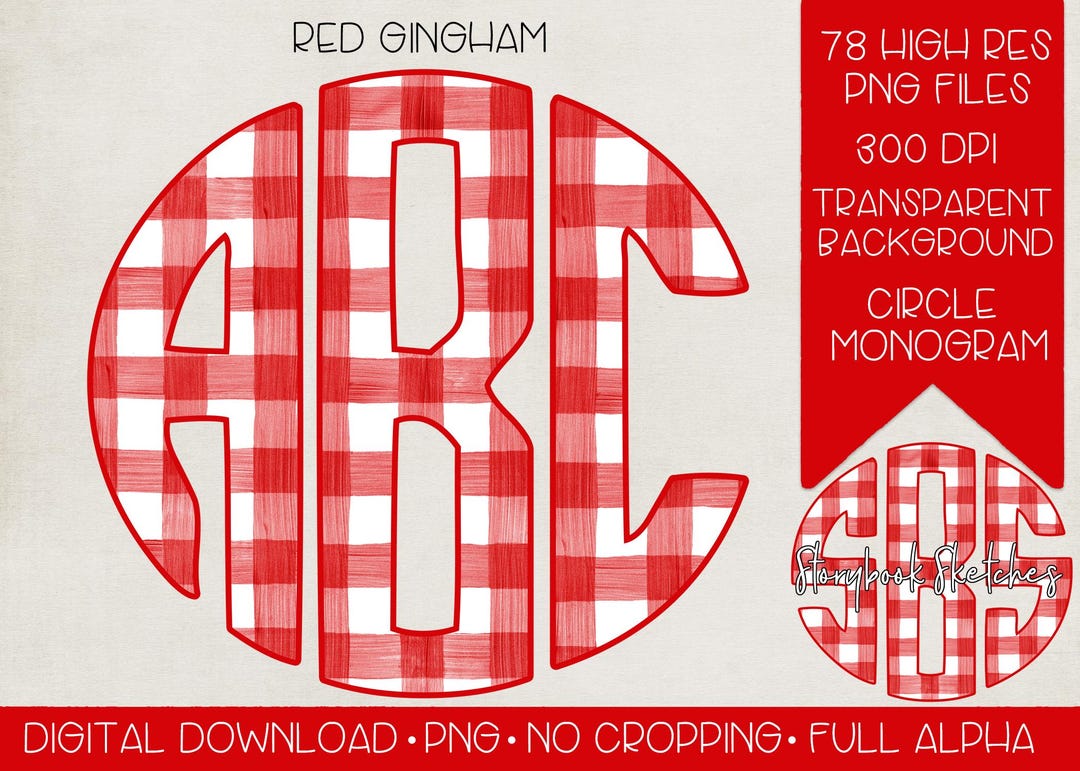 Red Gingham Circle Monogram PNG | Digital Download | - Etsy