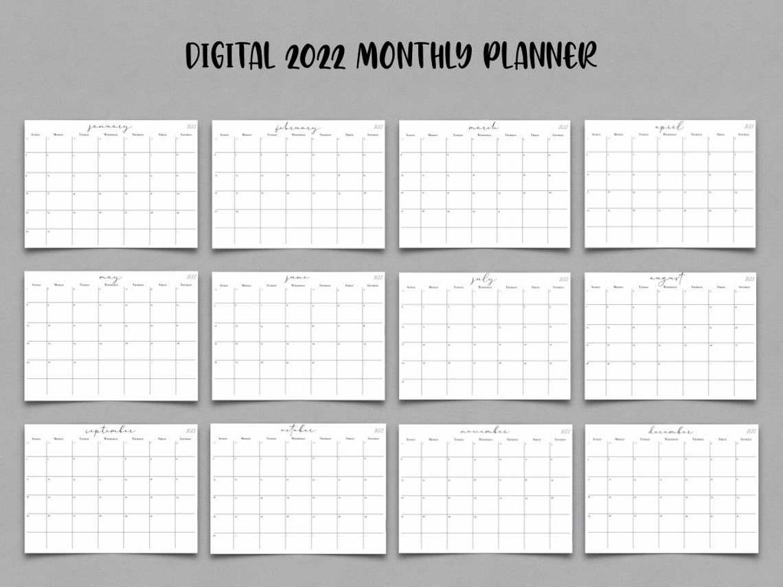 Printable Calendar 2022 | Digital Monthly Planner 2022 | Instant ...