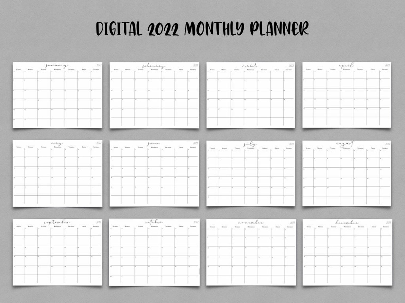 Printable Calendar 2022 | Digital Monthly Planner 2022 | Instant ...