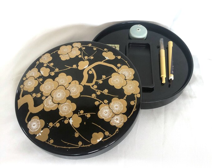 Portable Japanese Calligraphy Set - Black With Golden Plum Blossoms - Etsy