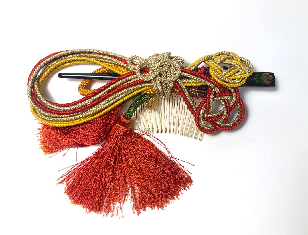 Cute Kanzashi Japanese Hair Accessory Golden and Red Mizuhiki - Etsy