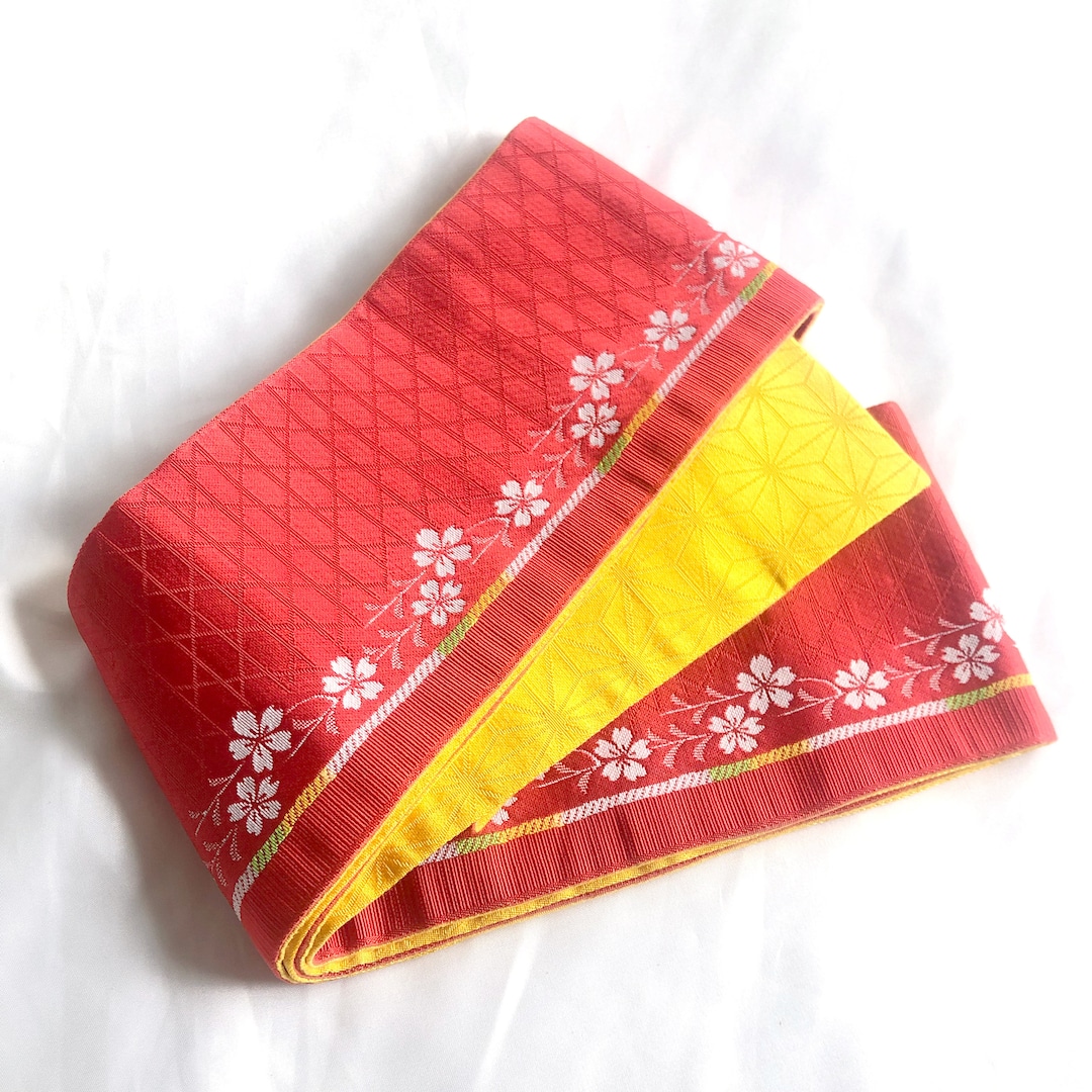 Reversible Narrow Obi - Bright Red and Yellow With White Sakura Pattern ...