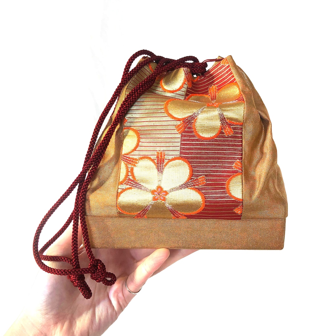 Elegant Japanese Drawstring Bag Kinchaku - Golden With Floral Accent - Etsy