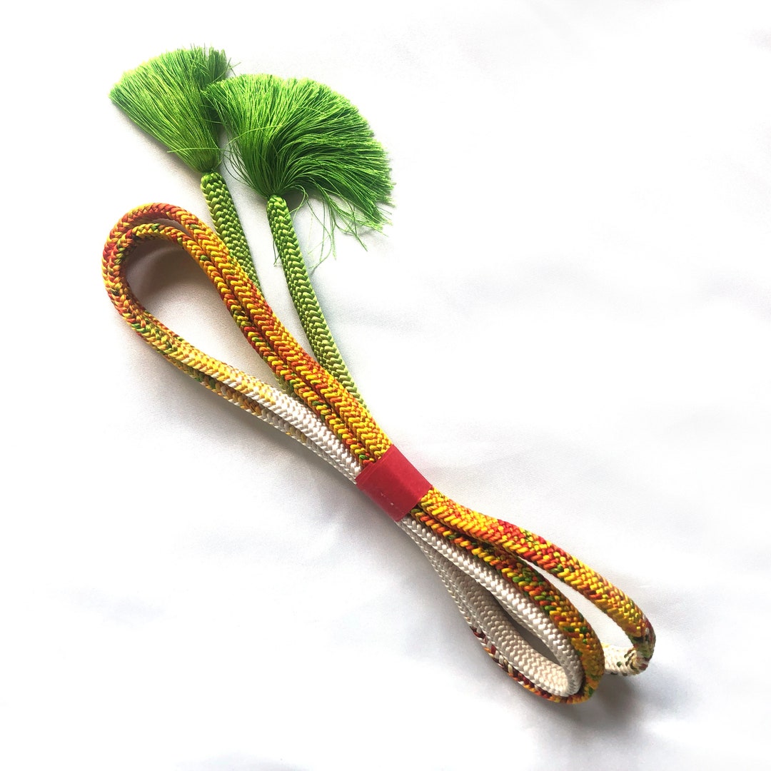 Vivid Silk Obijime - Thin Belt With Tassels - Speckled Green, White ...