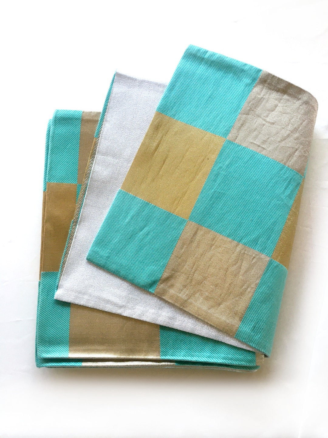 Unique Fukuro Obi - Dancing Obi - Light Blue, Golden, and Silver ...