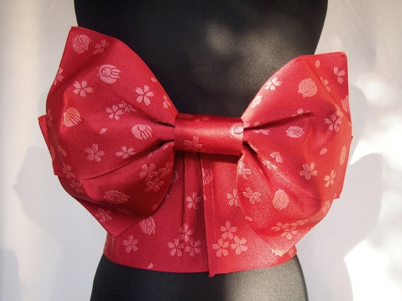 Instant yukata obi- red with sakura and rabbit pattern - Gem
