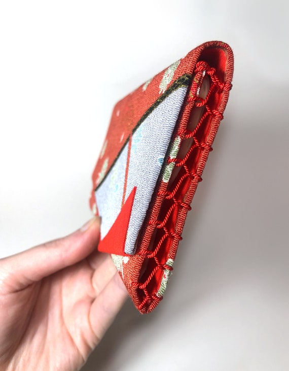 Traditional Japanese slim wallet - red with floral ac… - Gem