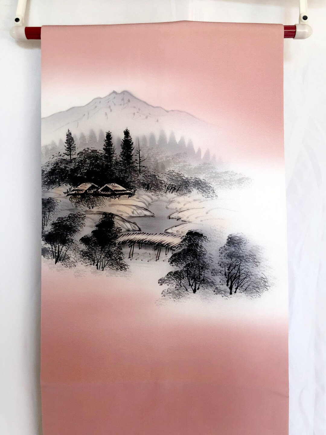 Elegant Silk Nagoya Obi Light Pink With Hand Painted Sumi-e Landscape ...