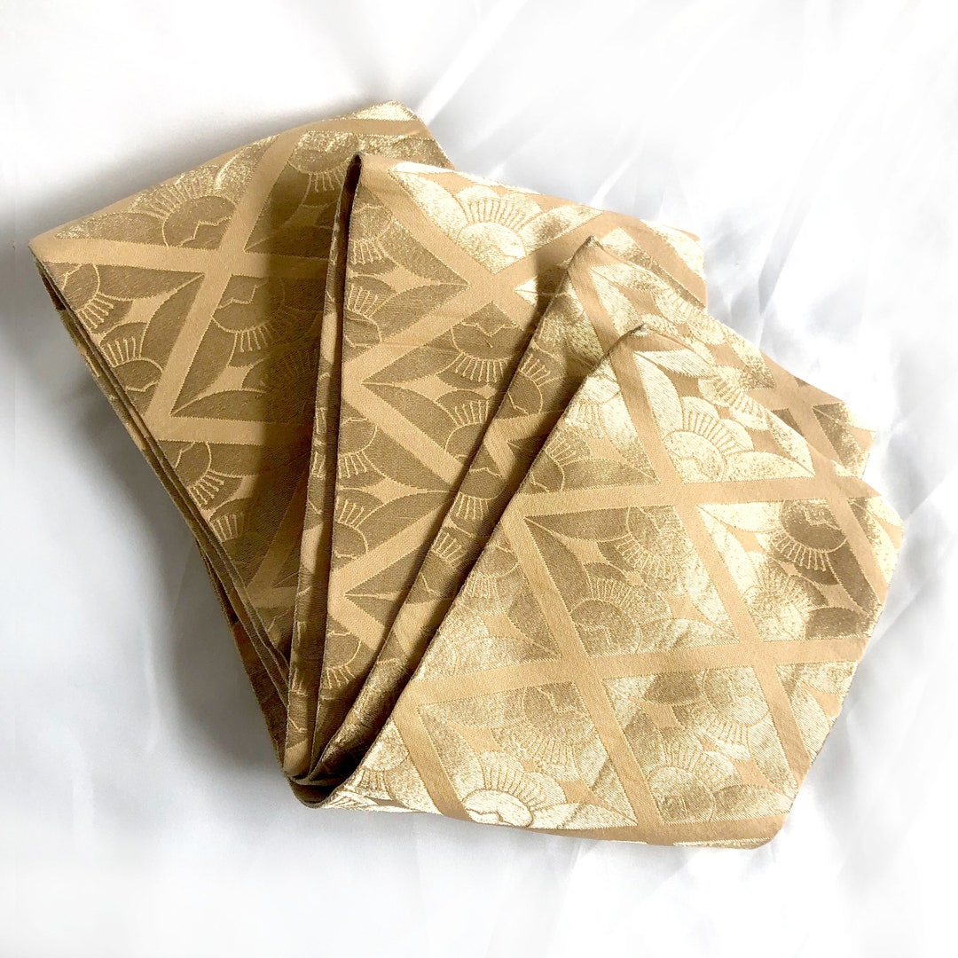 Unique Hanhaba Obi - Golden and Beige Geometric Floral Pattern - Obi ...