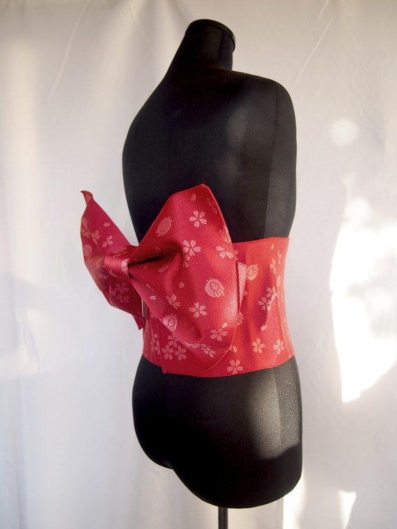 Instant yukata obi- red with sakura and rabbit pattern - Gem