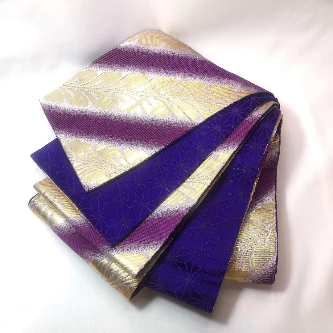 Bold Reversible Japanese Hanhaba Obi - Golden and Purple Foliage - Obi ...