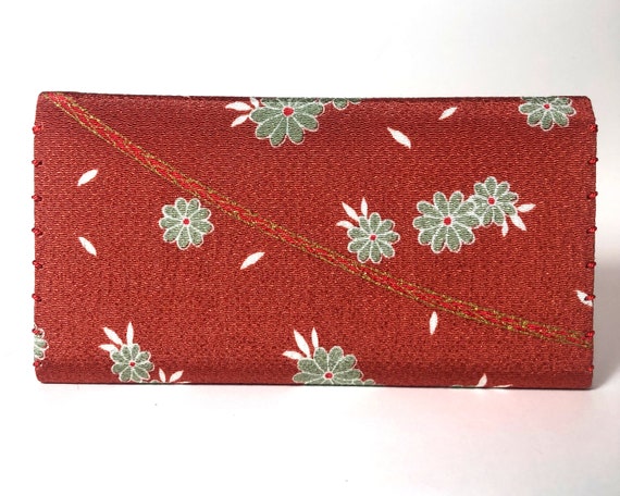 Traditional Japanese slim wallet - red with floral ac… - Gem