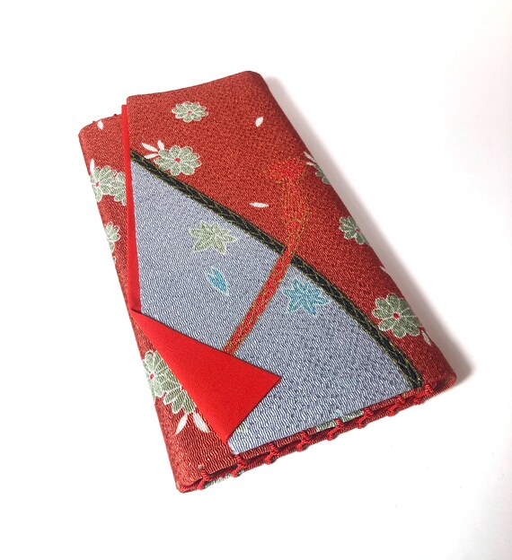 Traditional Japanese slim wallet - red with floral ac… - Gem