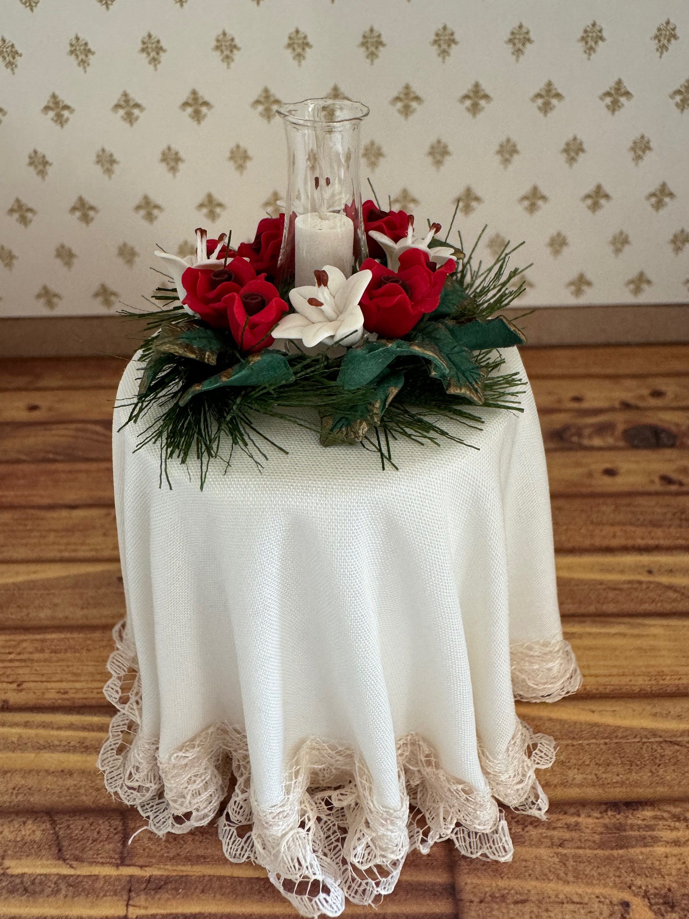 New Dollhouse 1:12 Scale Chrysnbon Skirted Table in Ivory, Includes ...