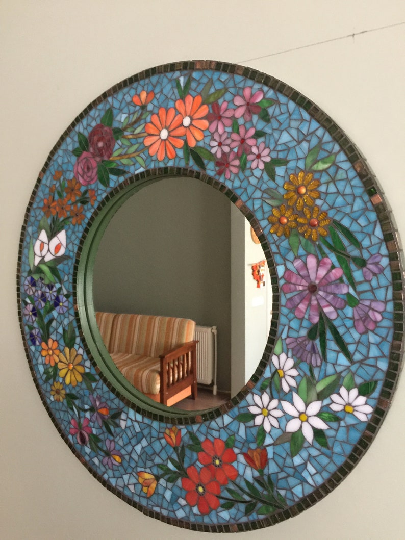 Mosaic Mirror With Flowers, Round Mosaic Mirror ,mosaic Design , Hand ...