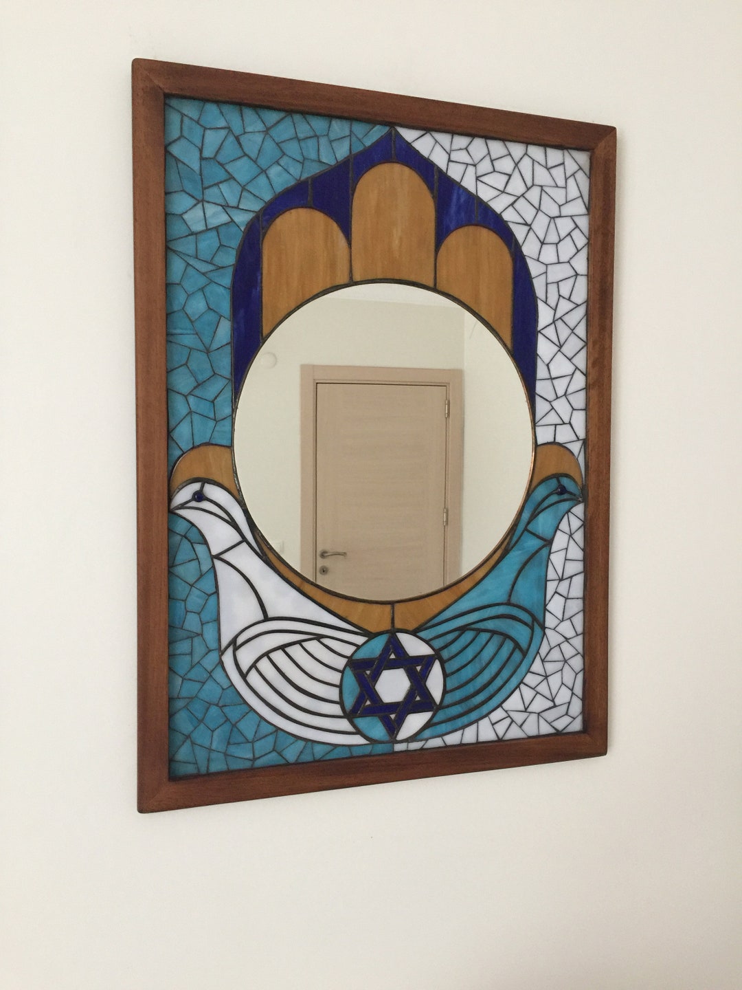 Hamsa and Pigeon Stained Glass Mirror, Mosaic Mirror - Etsy