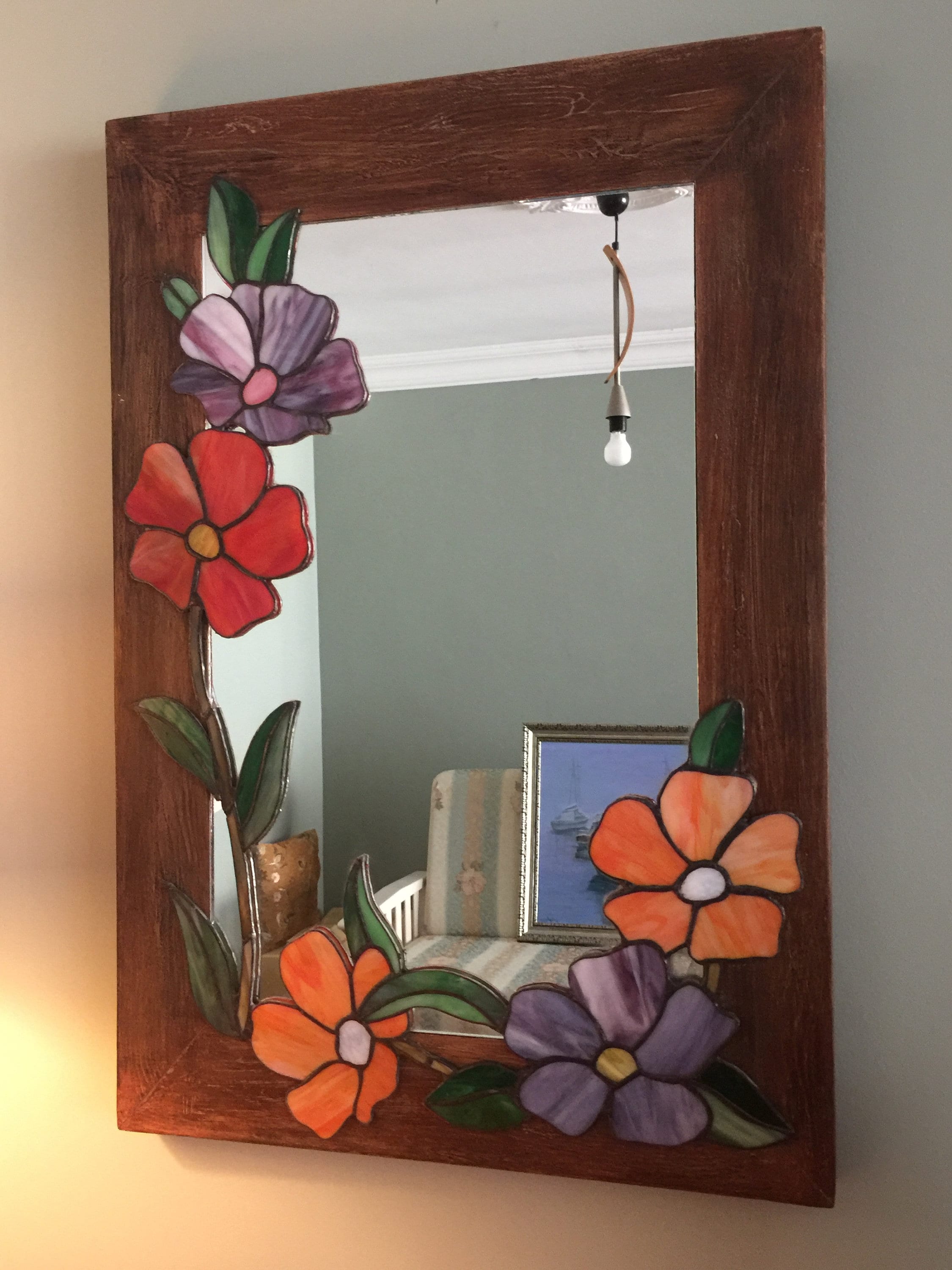 Floral Stained Glass Mirror in Wooden Frame , Wall Hanging Decor ...