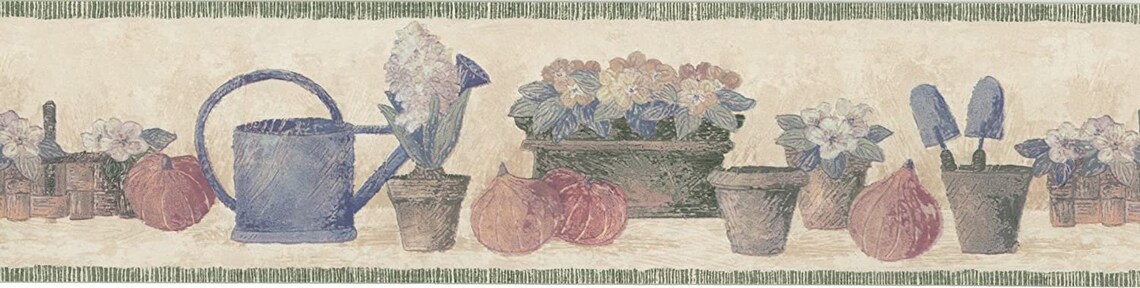 Textured Watering Can and Flower Pots Wallpaper Border - Etsy