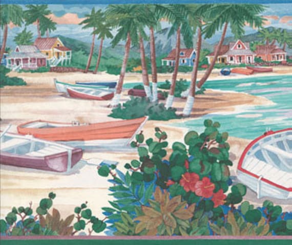 Tropical Beach Scene Wallpaper Border Ctc243b | Etsy