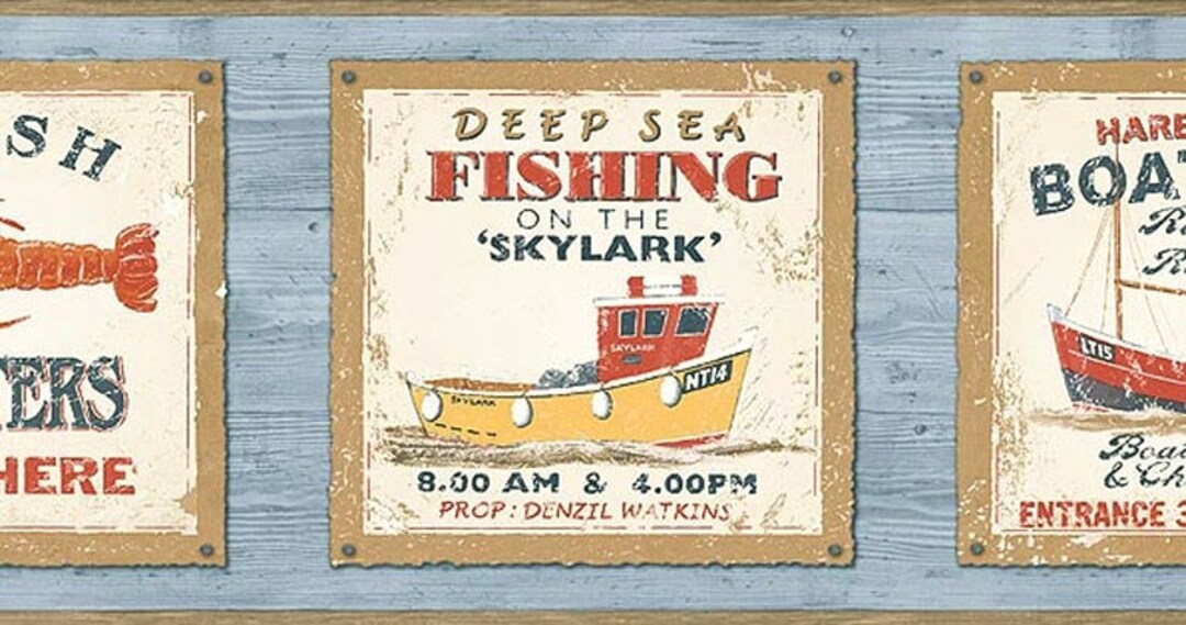 Rustic Fishing Coastal Signs Wallpaper Border Pb58045b - Etsy