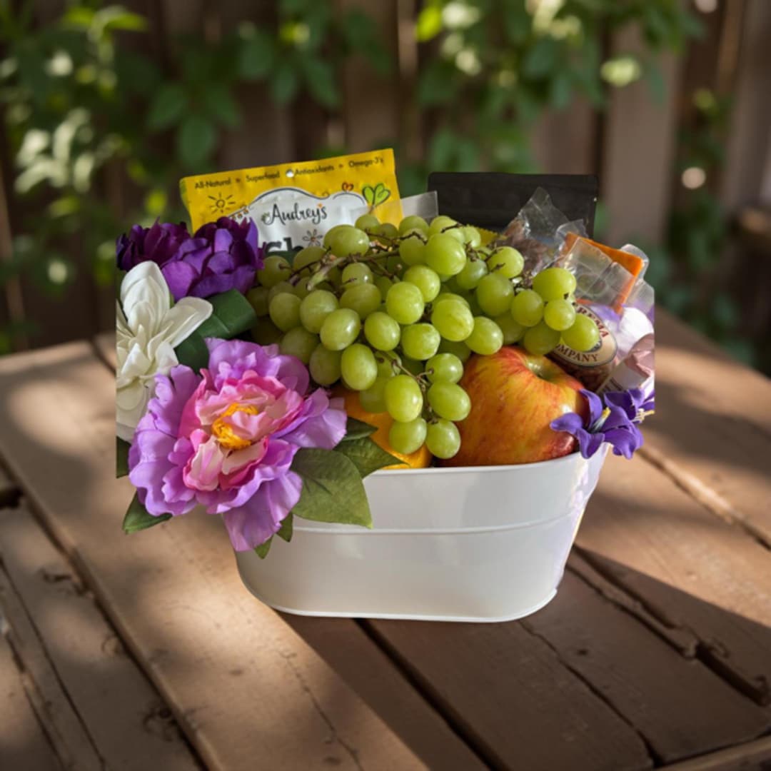 Wellness Gift Basket With Fresh Fruit & Purple Florals – Get Well ...