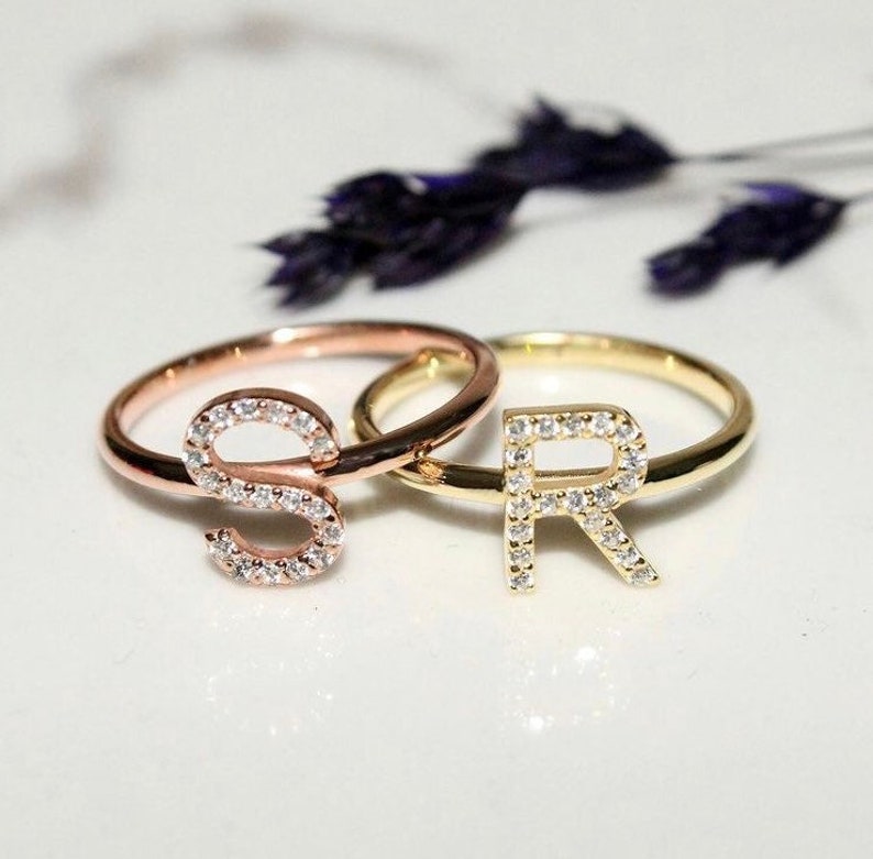 Solid Gold Letters Ring / Diamond Ring /stacking Ring / Natural Solid ...