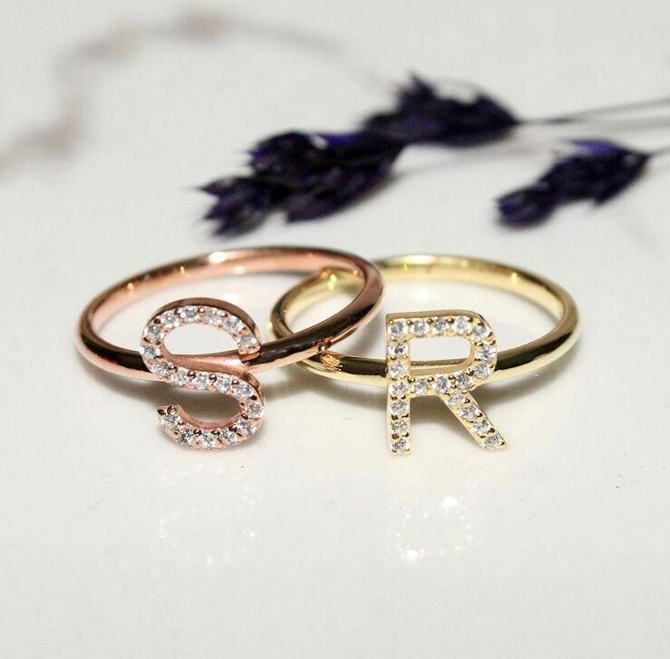 Solid Gold Letters Ring / Diamond Ring /stacking Ring / Natural Solid ...