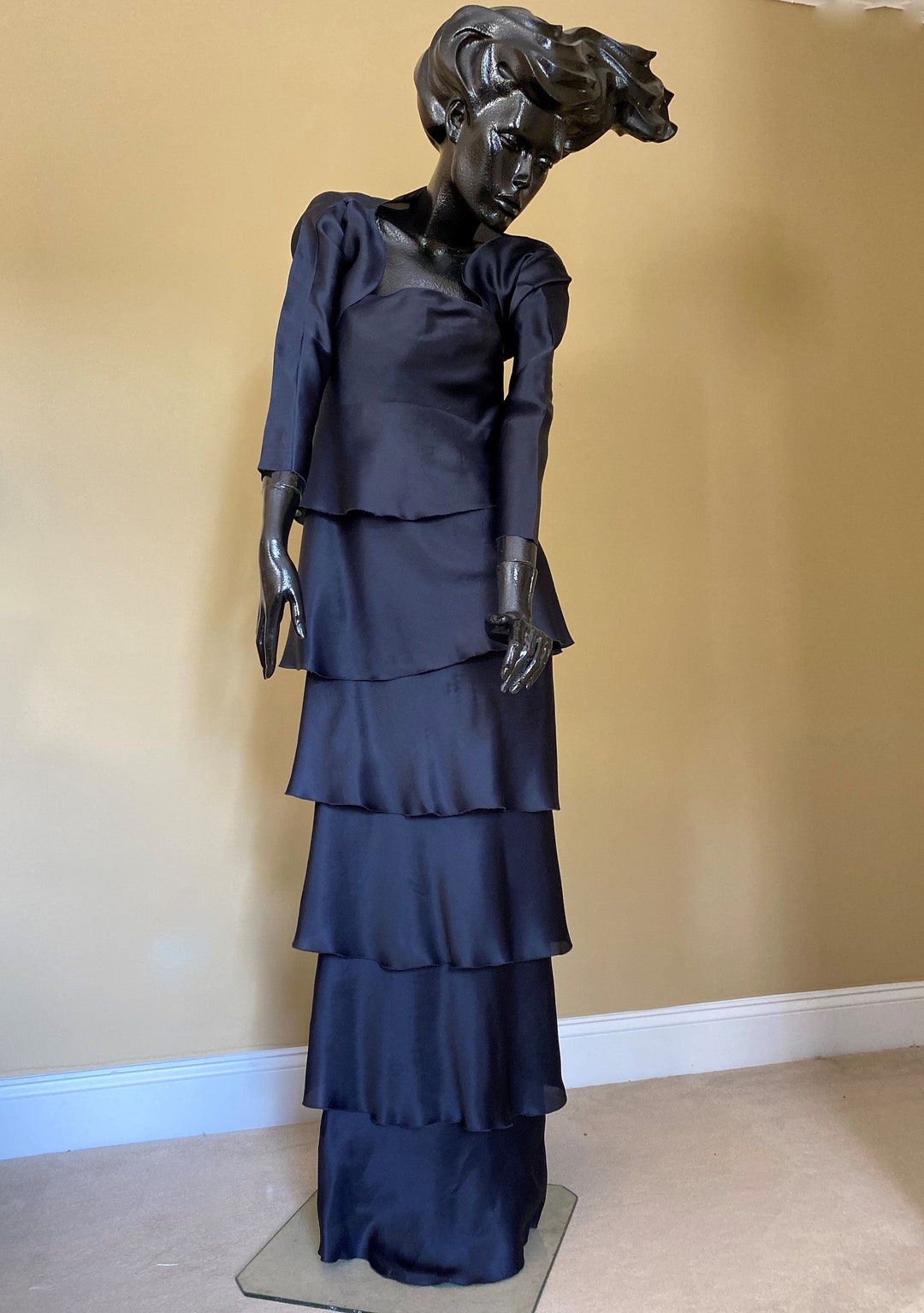 Jackie Rogers Celebrated Designer Navy Blue Silk Organza Tiered Long