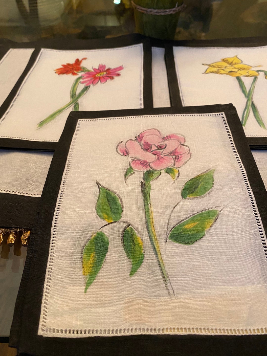 Liz Wain 4 Coasters, Original Hand Painted 100 % Linen. Perfect Never ...