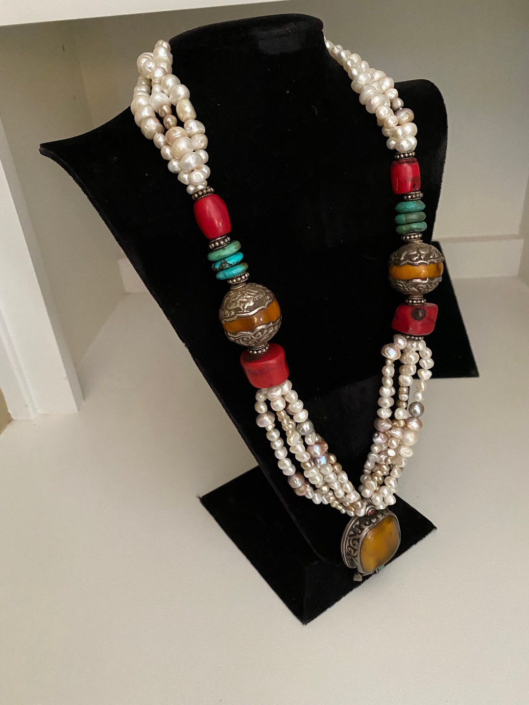 Rare Gretchen Shield pendant pearl necklace, Artisan designed one of a ...