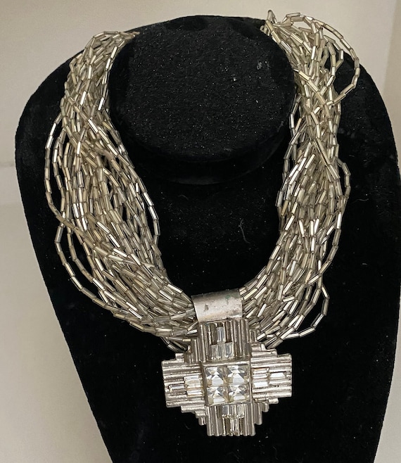 Multi-Strand Bugle Beaded Necklace with unique Cross-… - Gem