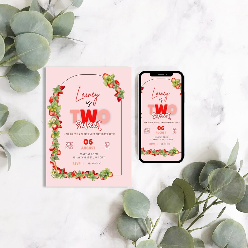 Editable Strawberry "two Sweet" Birthday Invitation (digital Download ...