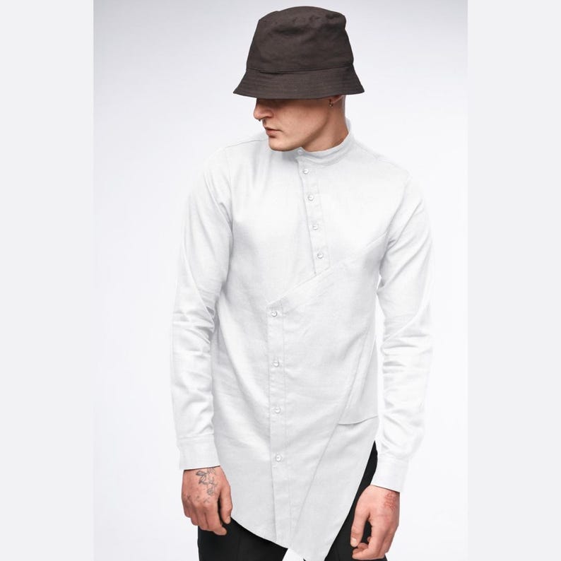 Men's Asymmetrical Linen Shirt - Stand Collar, Long Sleeves, Button-up ...