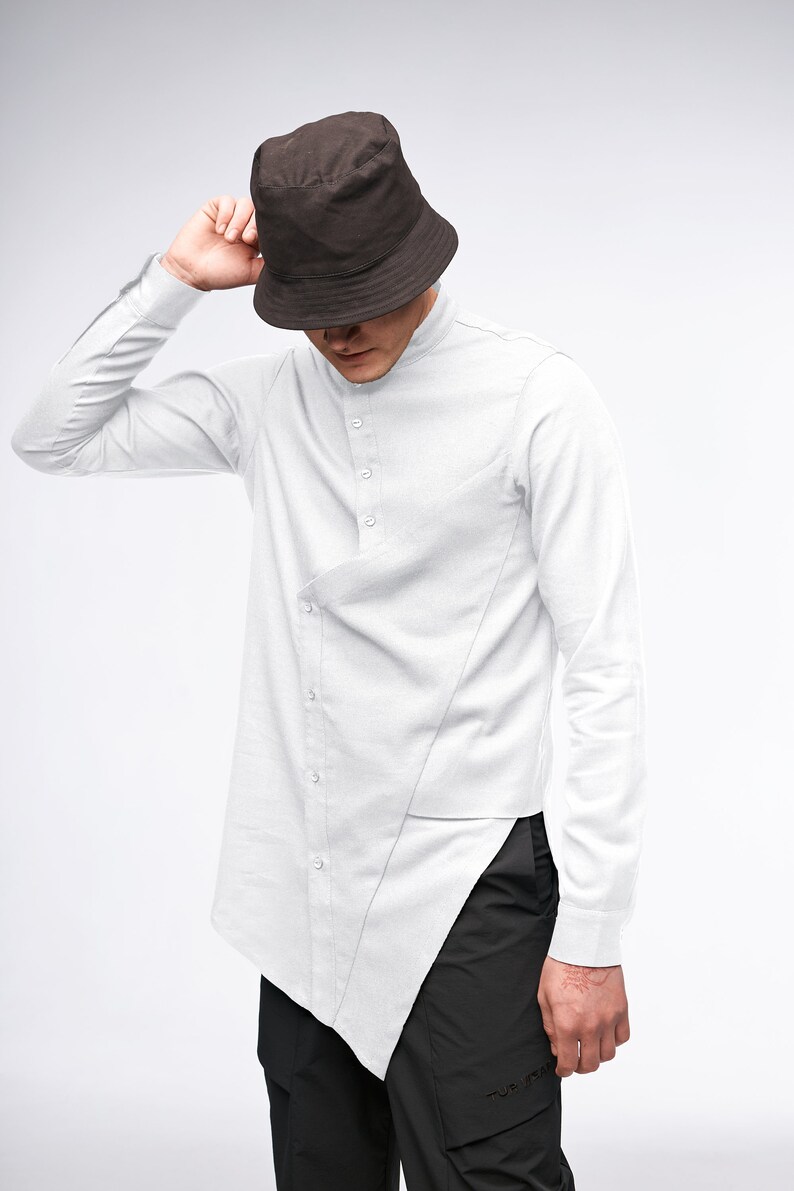 Men's Asymmetrical Linen Shirt - Stand Collar, Long Sleeves, Button-up ...