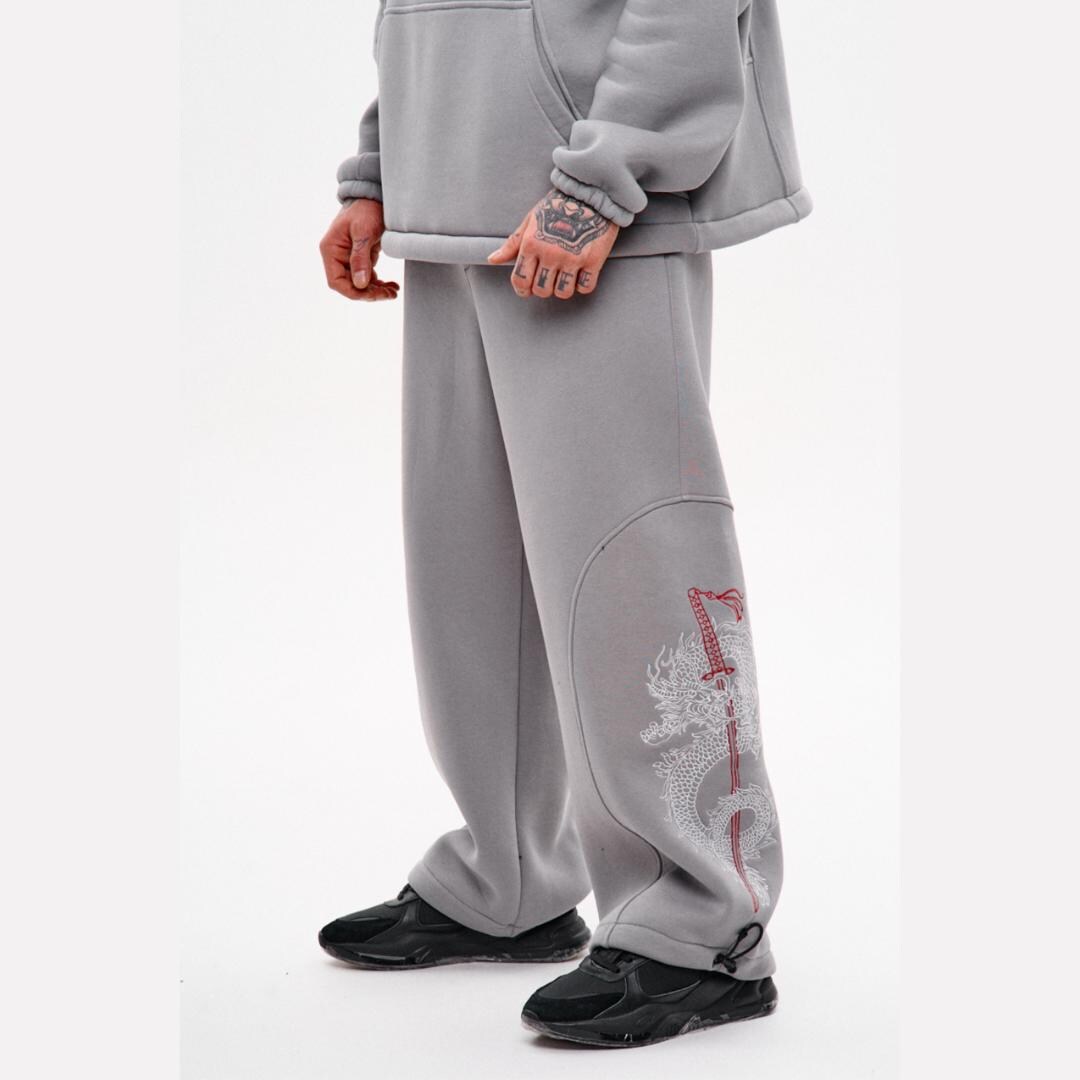 Men’s Wide Grey Fleece-lined Sweatpants With Dragon Embroidery, Samurai ...