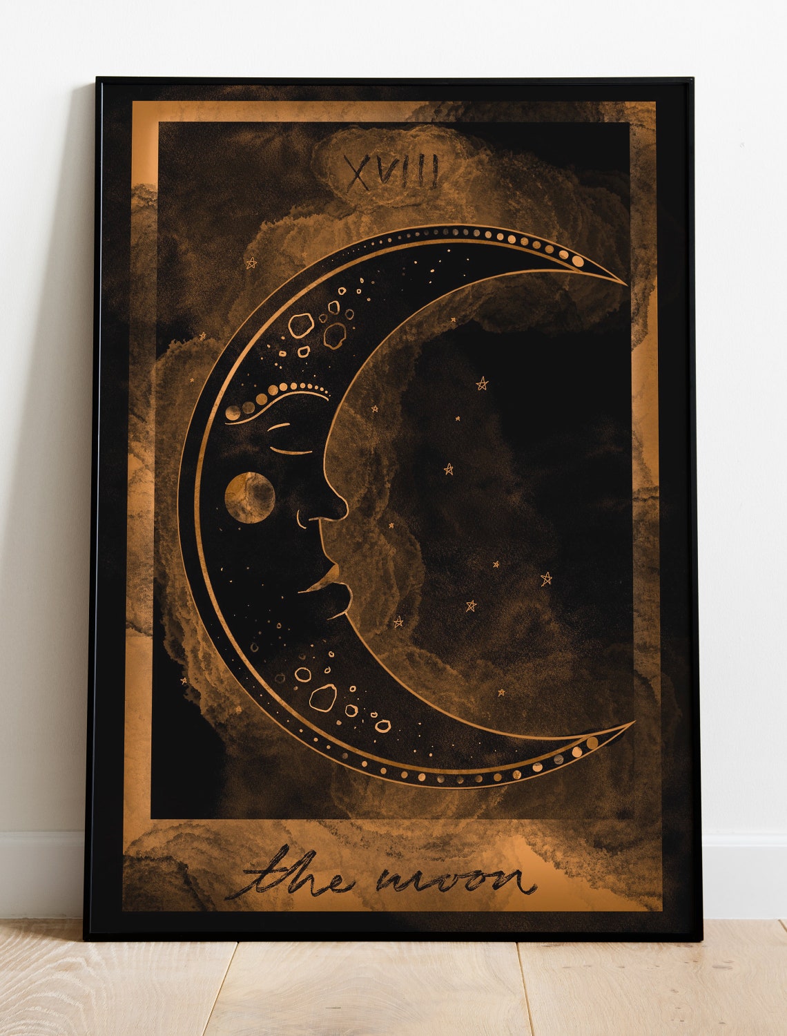 La luna Tarocchi Card Art Print The Moon Black Gold | Etsy