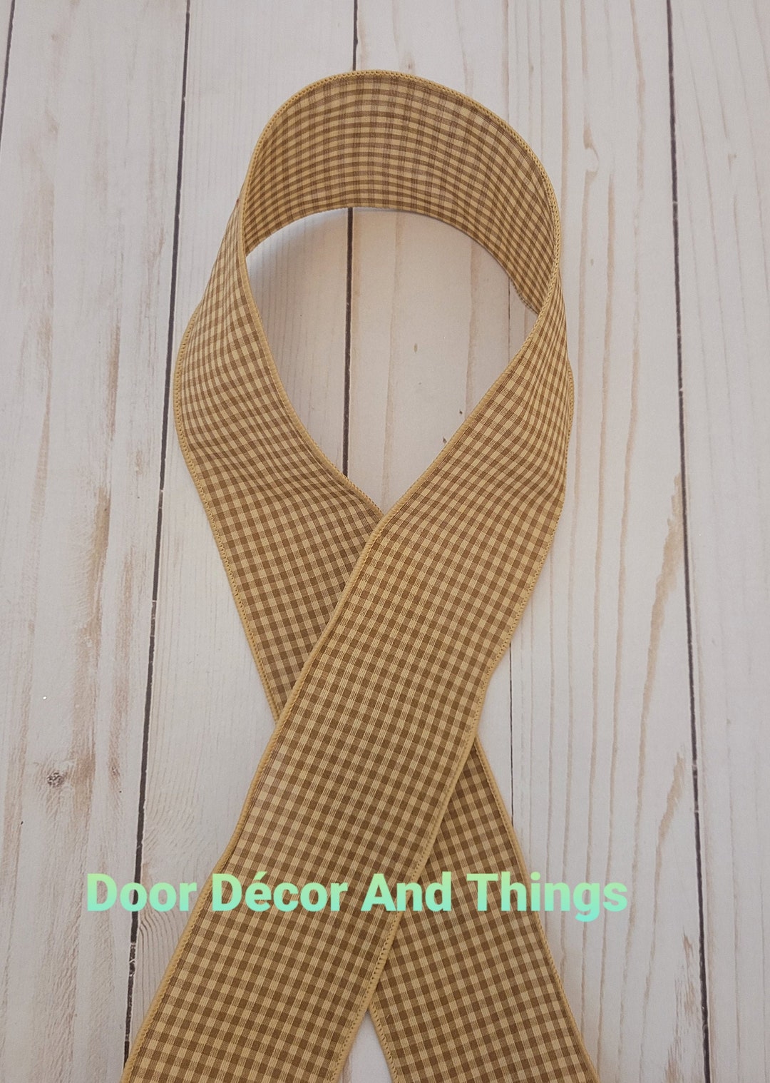 2.5" Tea Dye Gingham Ribbon, Wired Natural Cream Gingham Ribbon, Tan ...