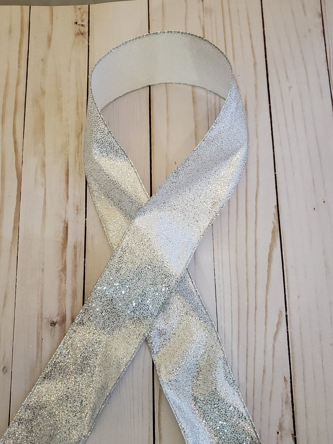 2.5" Silver Wired Ribbon, Silver Glitter Ribbon, Silver Glitter Dot ...