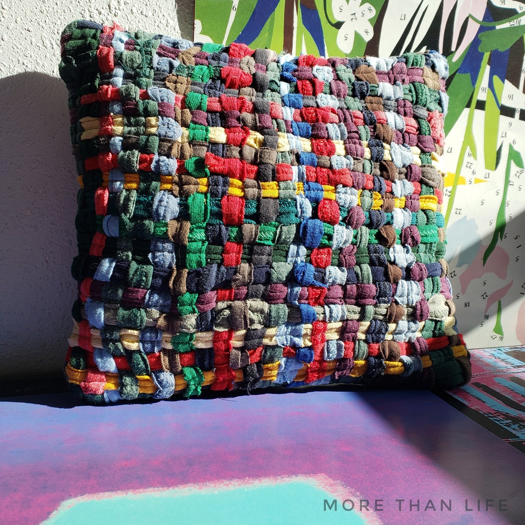 Small Woven Throw Pillow- Made From Upcycled Materials- Removable ...