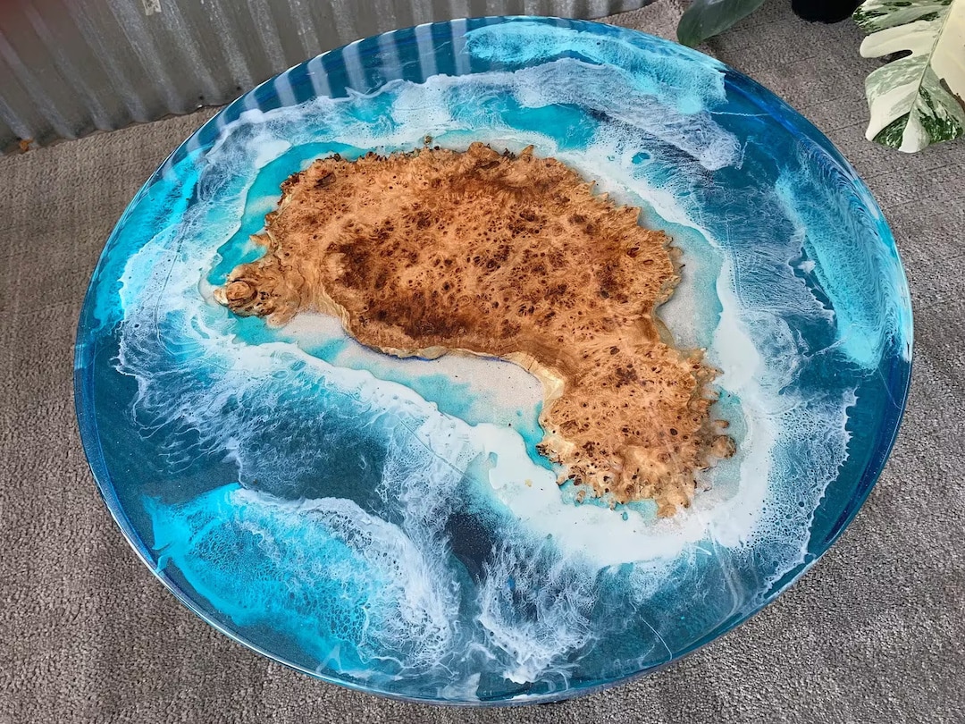 Epoxy Ocean Wave Acacia Wood Table, Ocean-inspired Epoxy Side Table ...