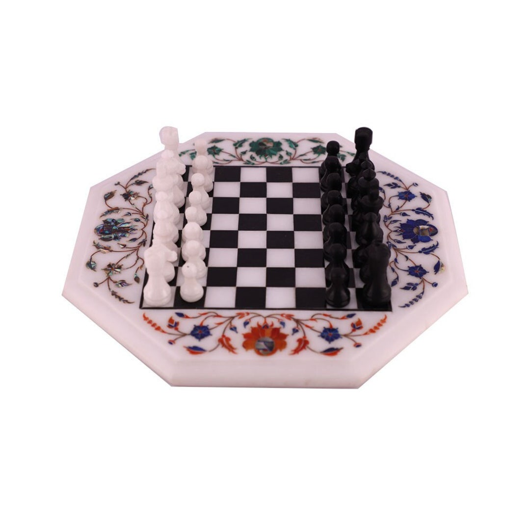 Octagonal Decorative Chess Table W/ Figures, Artisanal Marble Chess ...