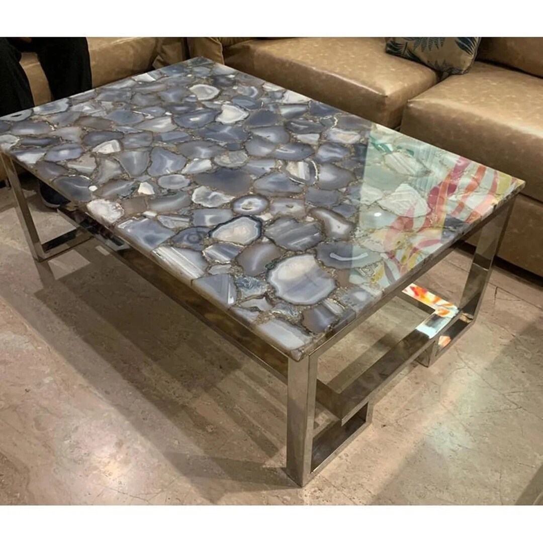 Natural Agate Stone Coffee Table, Agate Slab Table in Shades of Grey ...