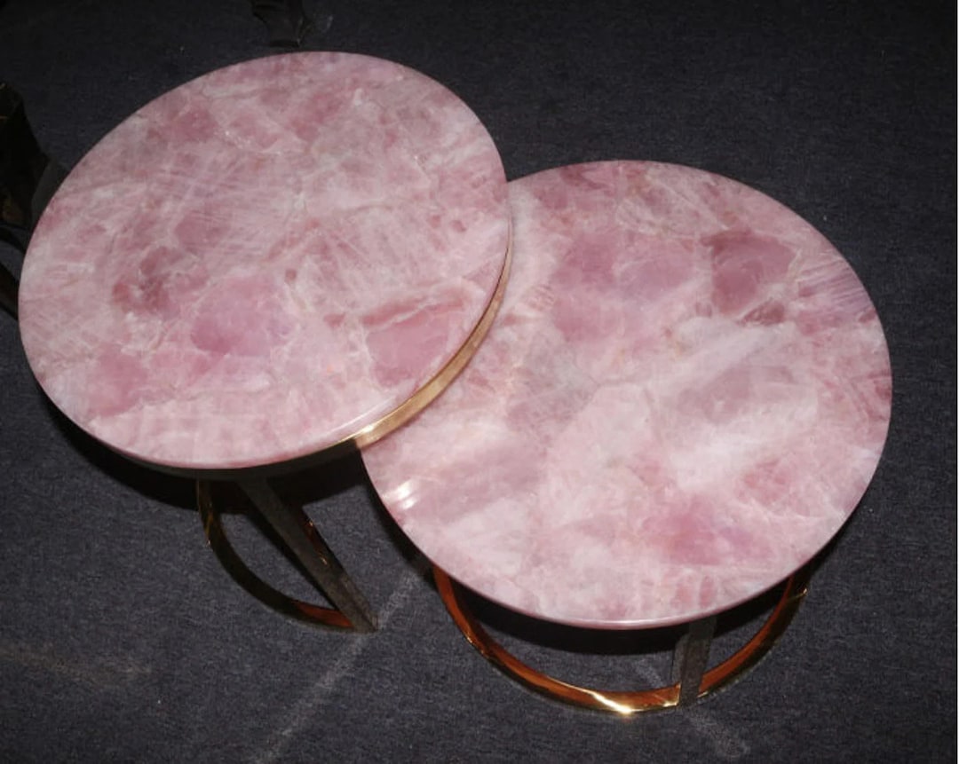 Natural Rose Quartz Stone Table, Round Rose Quartz Accent Table ...