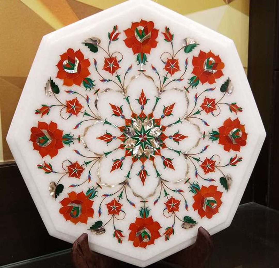 Marble Inlay Handmade Sofa Side Table, Pietra Dura Table, Floral Marble ...